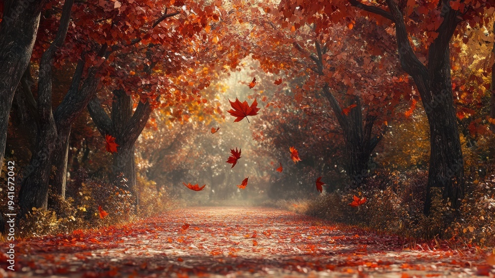Peaceful forest path with maple trees in full autumn color, the ground ...