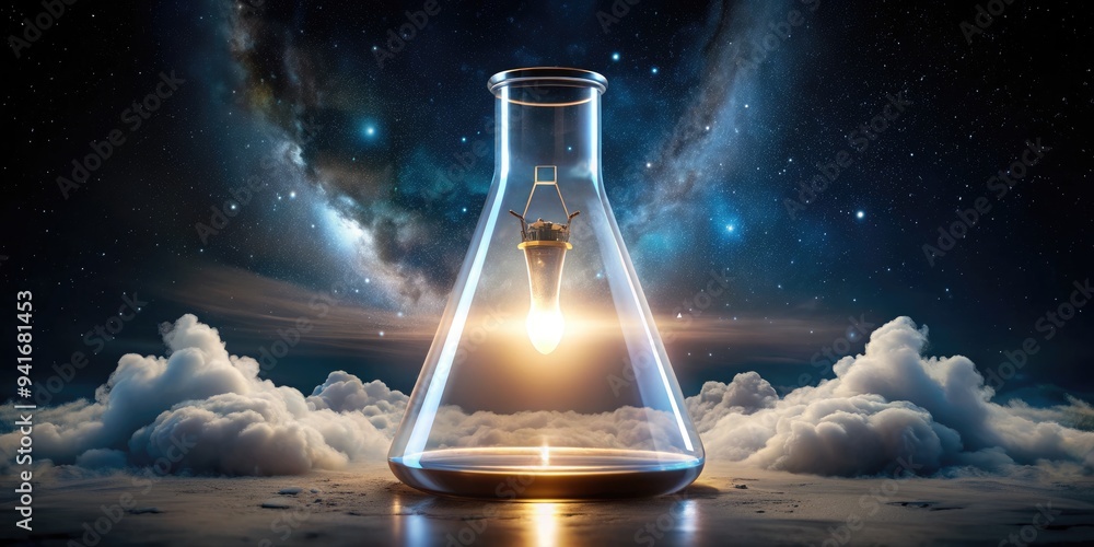 Ethereal Ascension: Glowing erlenmeyer flask with a rocket-shaped vapor ...