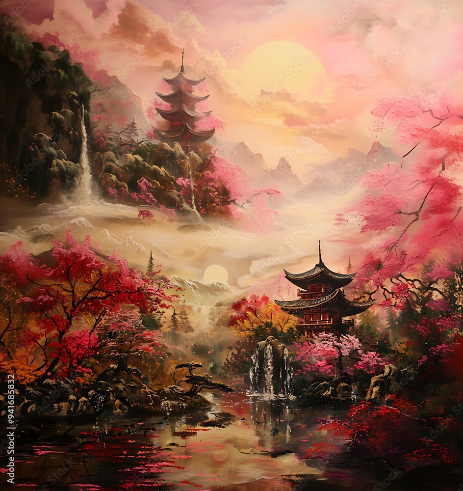 painting of a japanese landscape with a waterfall and pagoda Stock ...