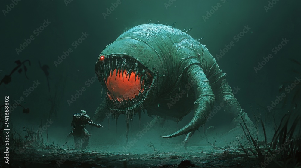 A terrifying monstrous creature with sharp teeth and glowing red eyes, looming over a lone ...