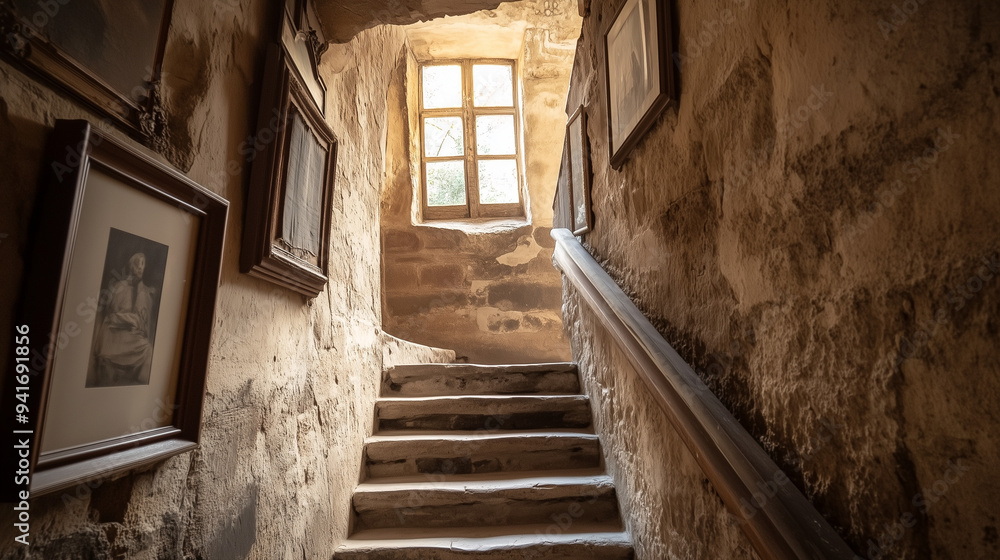 Atrakcyjna, rustykalna klatka schodowa w starym kamiennym budynku ...