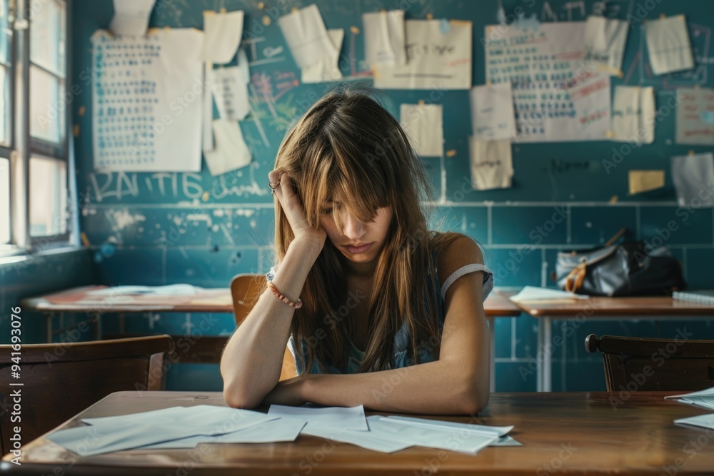 Back to school theme. Young female teacher sits at her desk, tired and ...