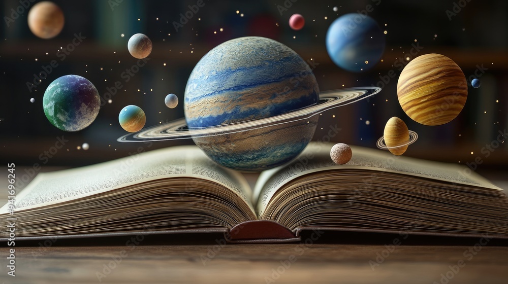 An open book with a pop-up 3D solar system emerging from its pages ...