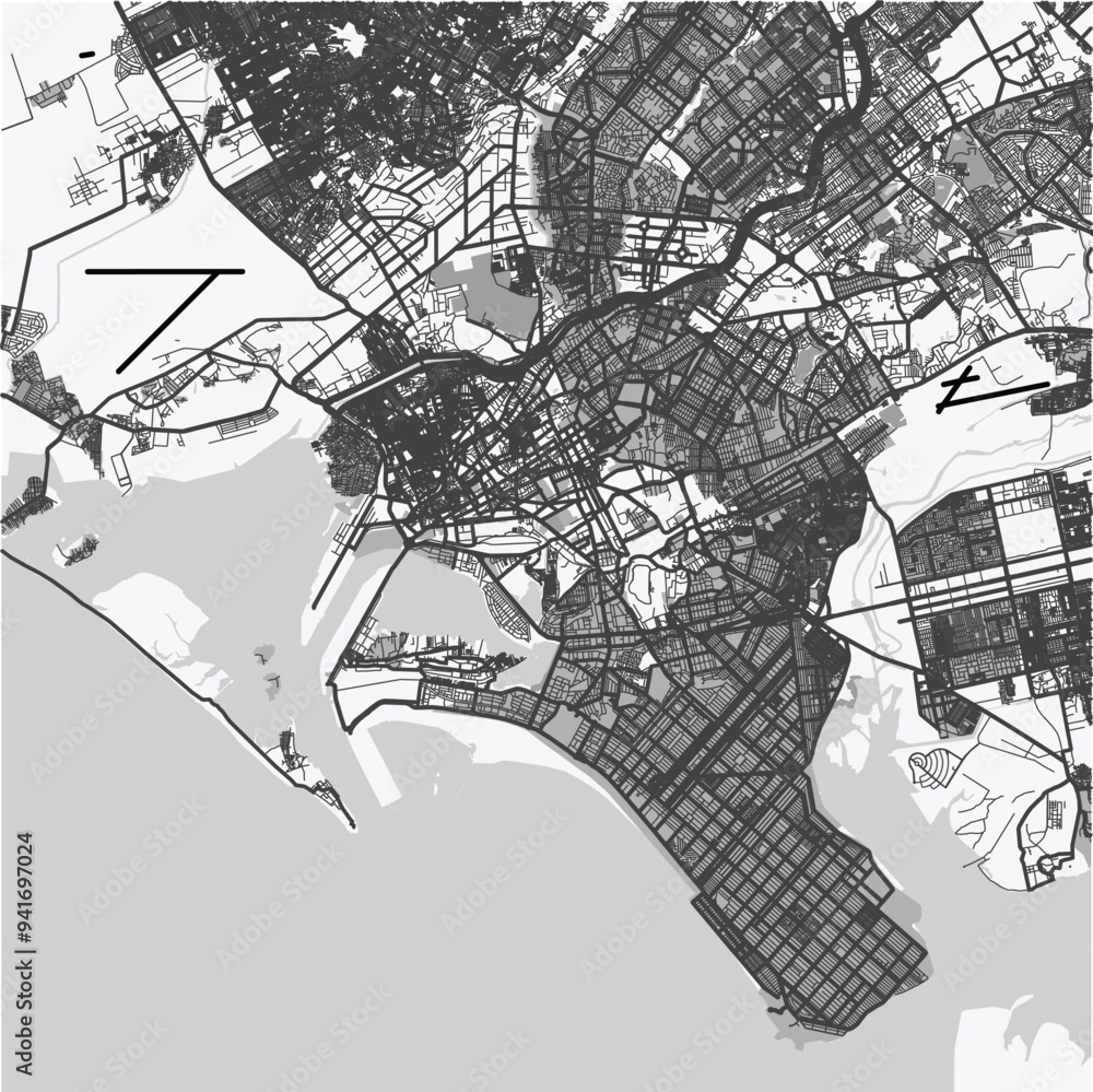Map of Karachi in Pakistan in grayscale. Contains layered vector with ...