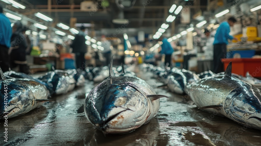 Rows of freshly caught tuna fish lying in a neat, regular pattern on ...