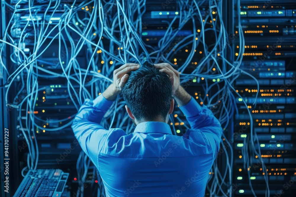 Stressed IT professional facing tangled server cables in a data center ...