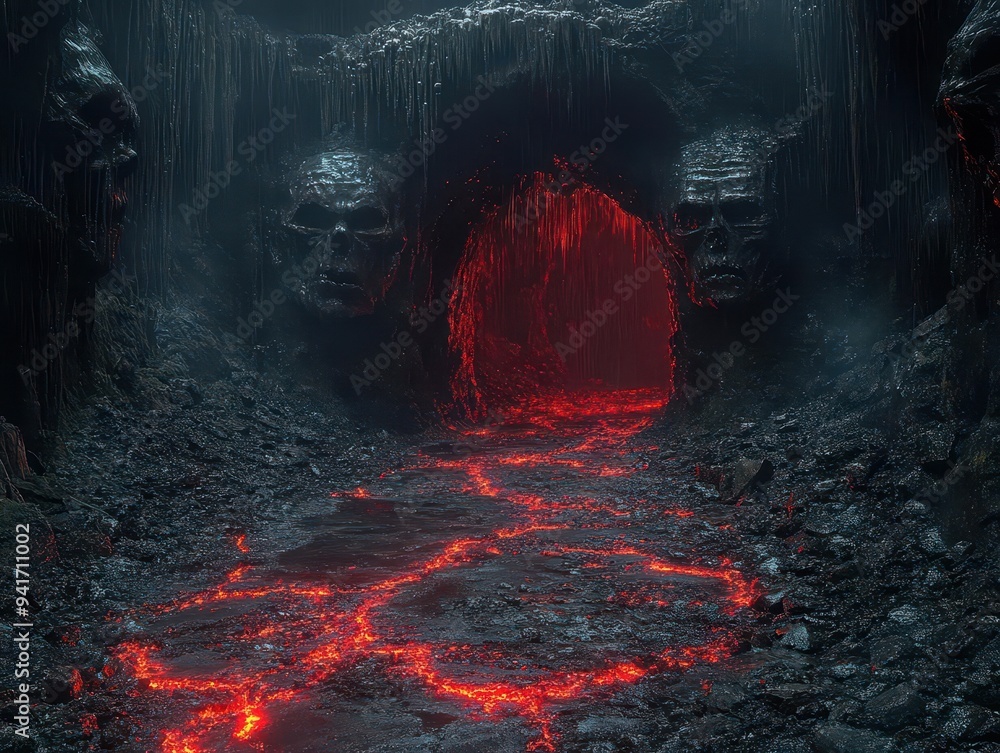 dark foreboding cavern entrance with glowing red embers twisted rock ...