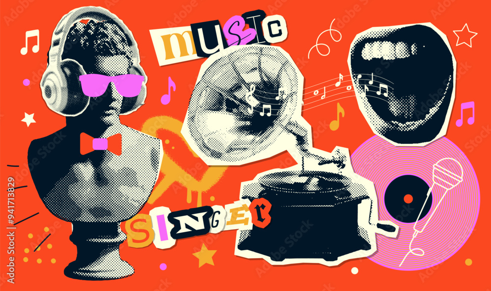 Pop art halftone collage with antique statue in headphones, retro ...