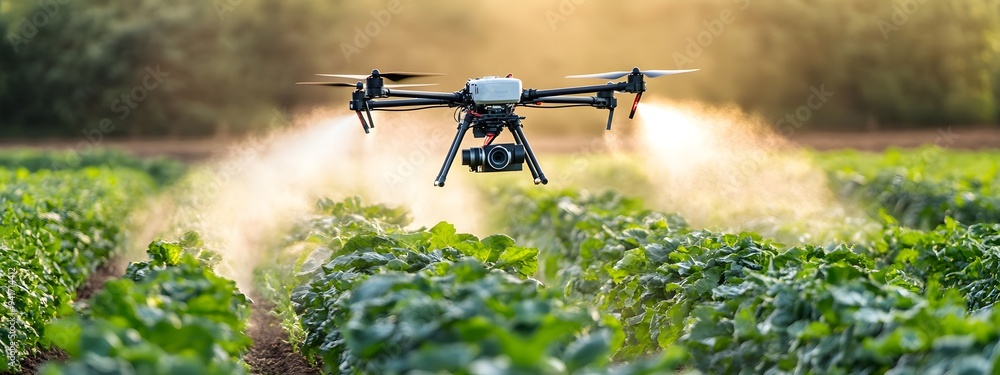 Dramatic photo of an organic farm with drones spraying non-toxic ...