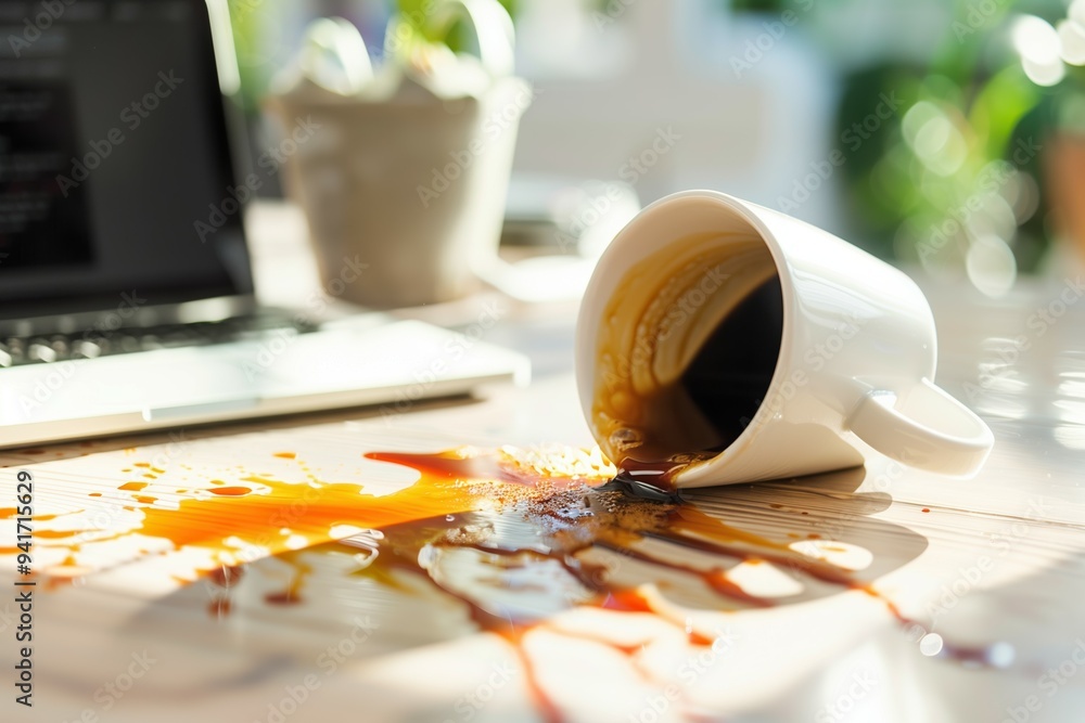 Coffee cup tipped over on a desk, spilling coffee near a laptop ...