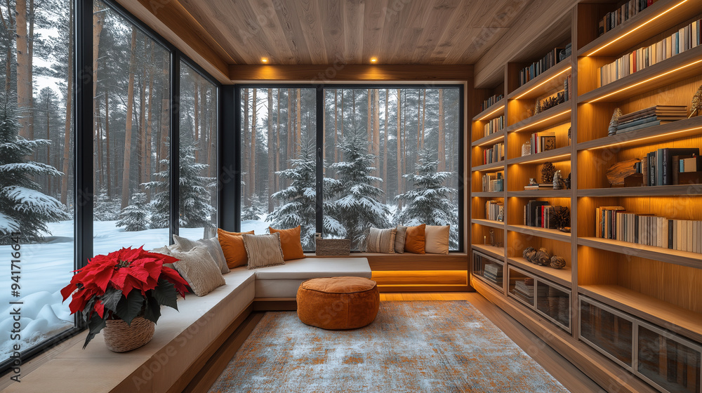 Christmas bookshelf background of interior home library study virtual ...