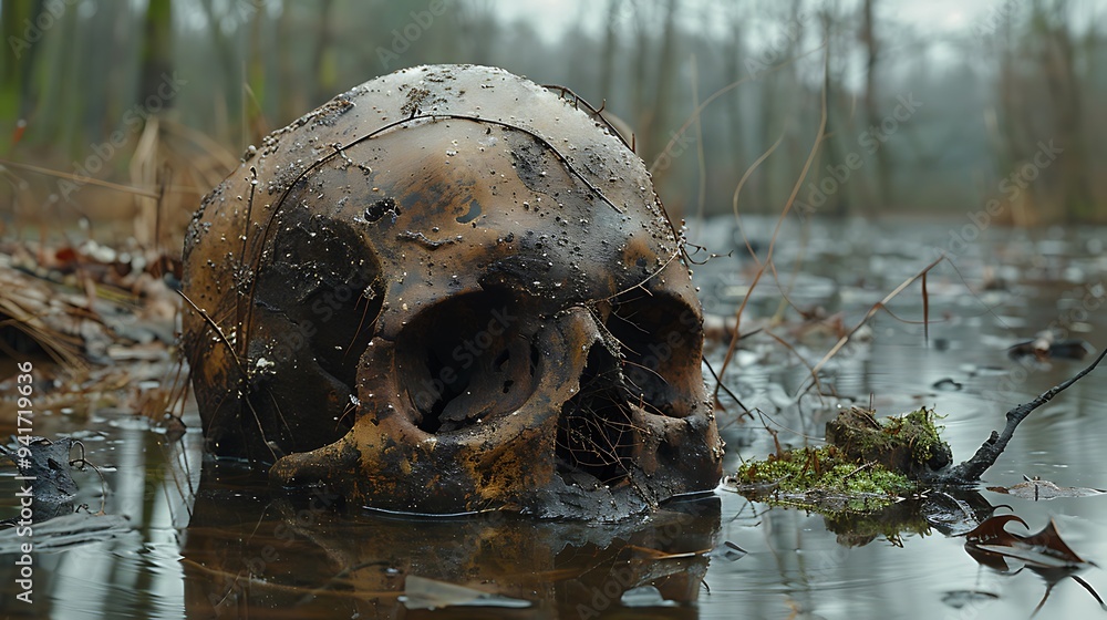 An ancient, weathered skull half-submerged in a swamp, with vines and ...