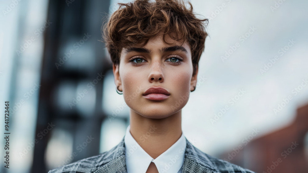 Androgynous male model with sharp features wearing a tailored suit ...