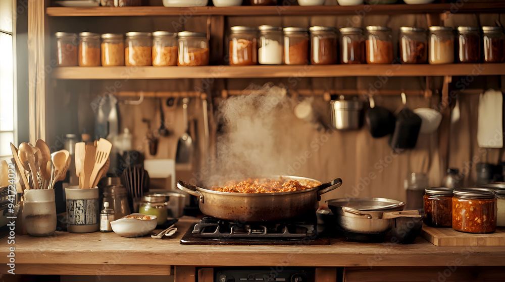 Traditional Korean Kitchen A warm, rustic kitchen with a bubbling pot ...