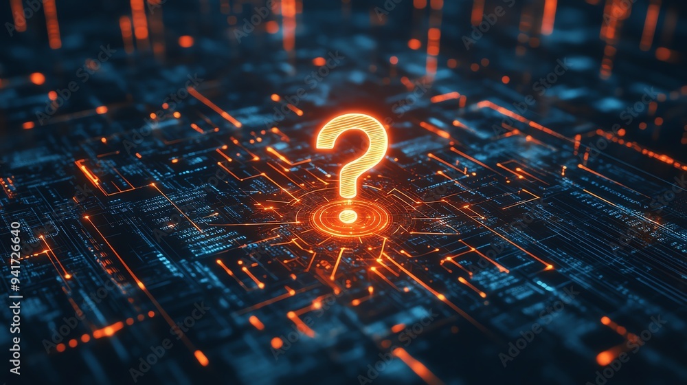Illuminated question mark on a digital circuit background, symbolizing ...