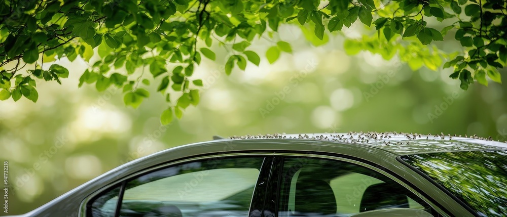 A car parked under a tree with multiple bird droppings and smudges ...