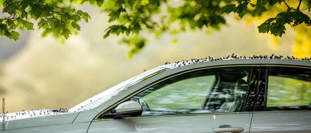 A car parked under a tree with multiple bird droppings and smudges ...
