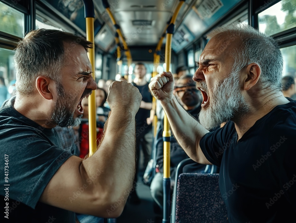 A high tension image of two angry commuters squaring off in a crowded ...