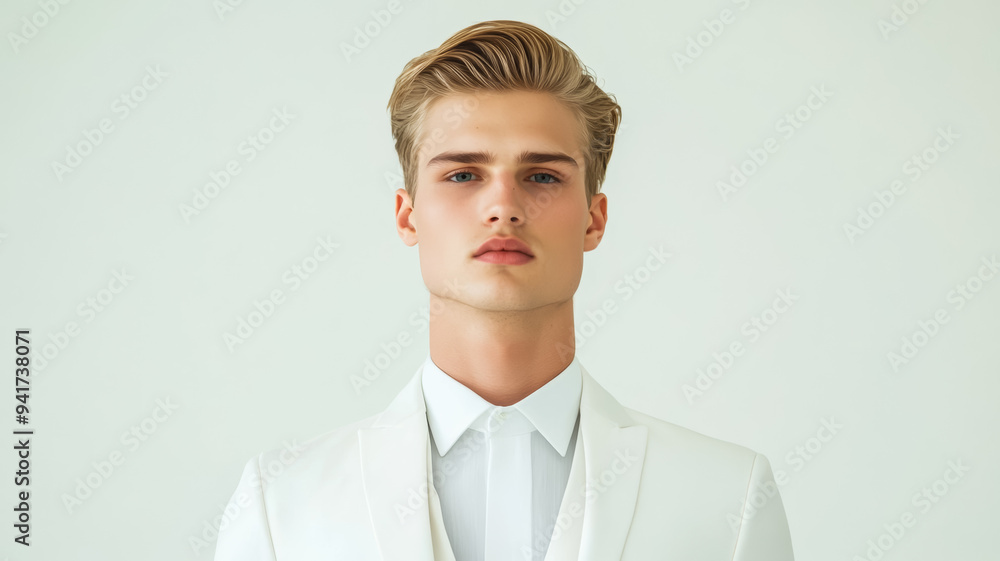 Slender androgynous male model in high-fashion attire minimalist runway ...