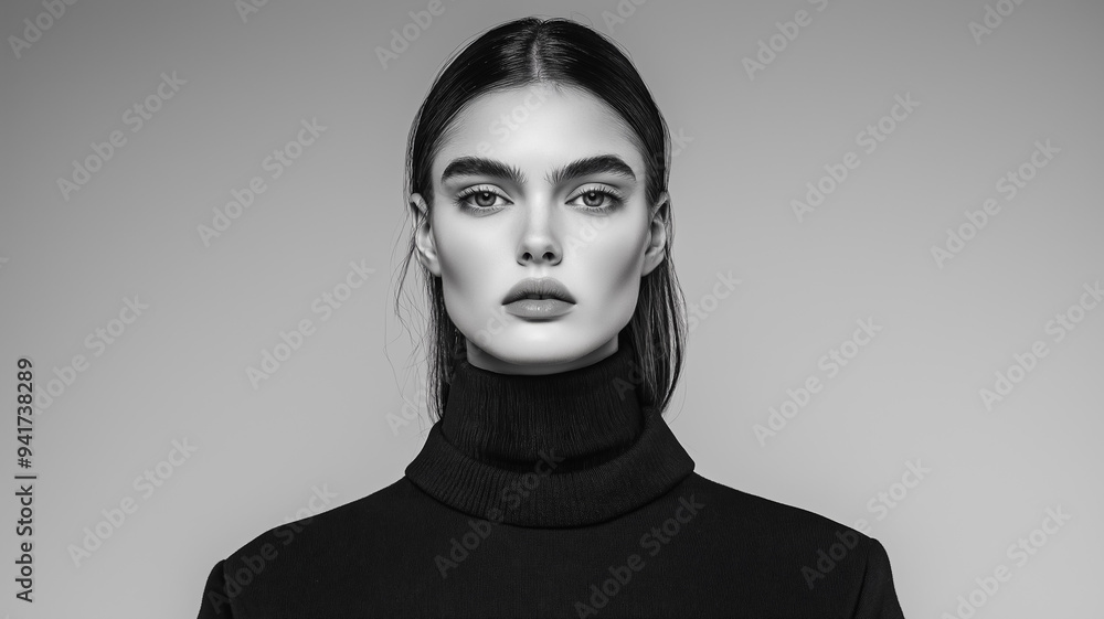 Slim model in layered monochromatic outfit sharp jawline and intense ...