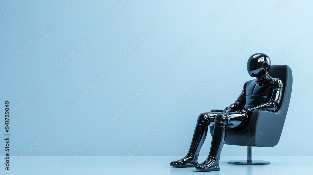 Sophisticated alien in a sleek interview chair chrome skin reflecting ...