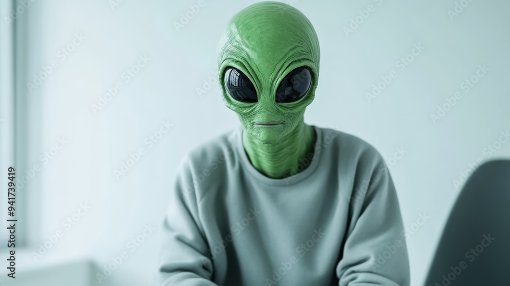 Strange alien seated on a minimalist interview chair bright studio ...