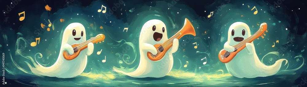 Cartoon-style friendly ghosts playing musical instruments, green ...