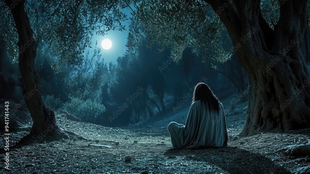Jesus in prayerful solitude in Gethsemane, moonlight through olive ...