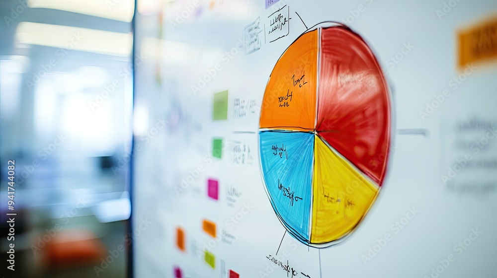A detailed shot of a pie chart displayed on a whiteboard, with colorful ...