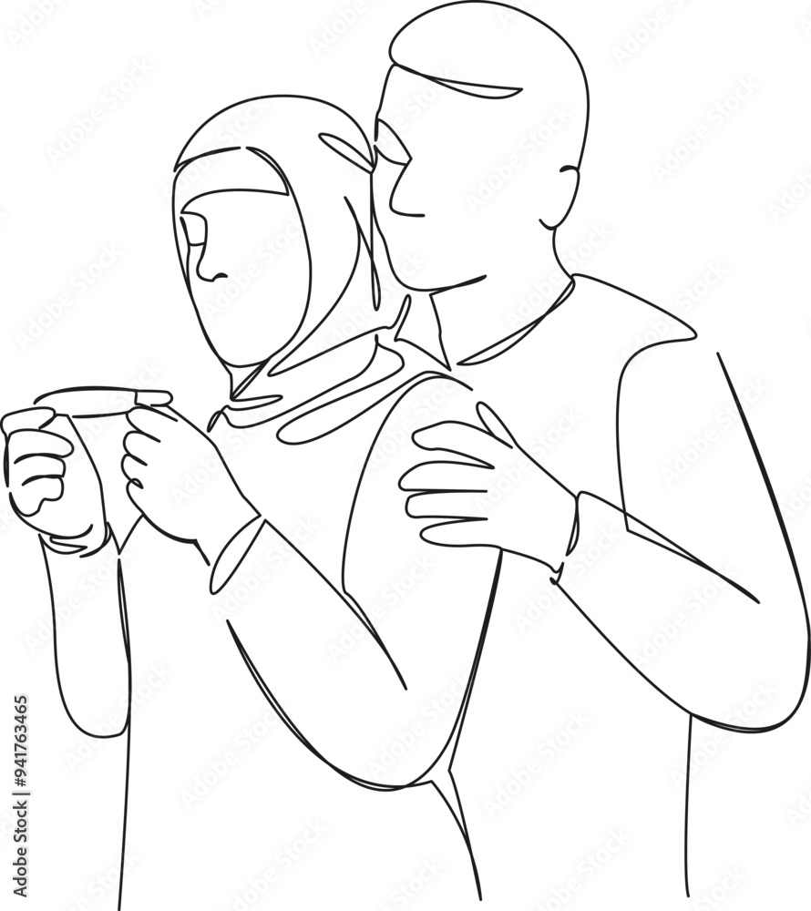 One continuous single drawing line art flat doodle Muslim family took ...