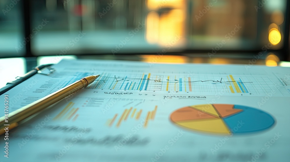 A macro shot of a business graph with a pie chart and bar graph ...