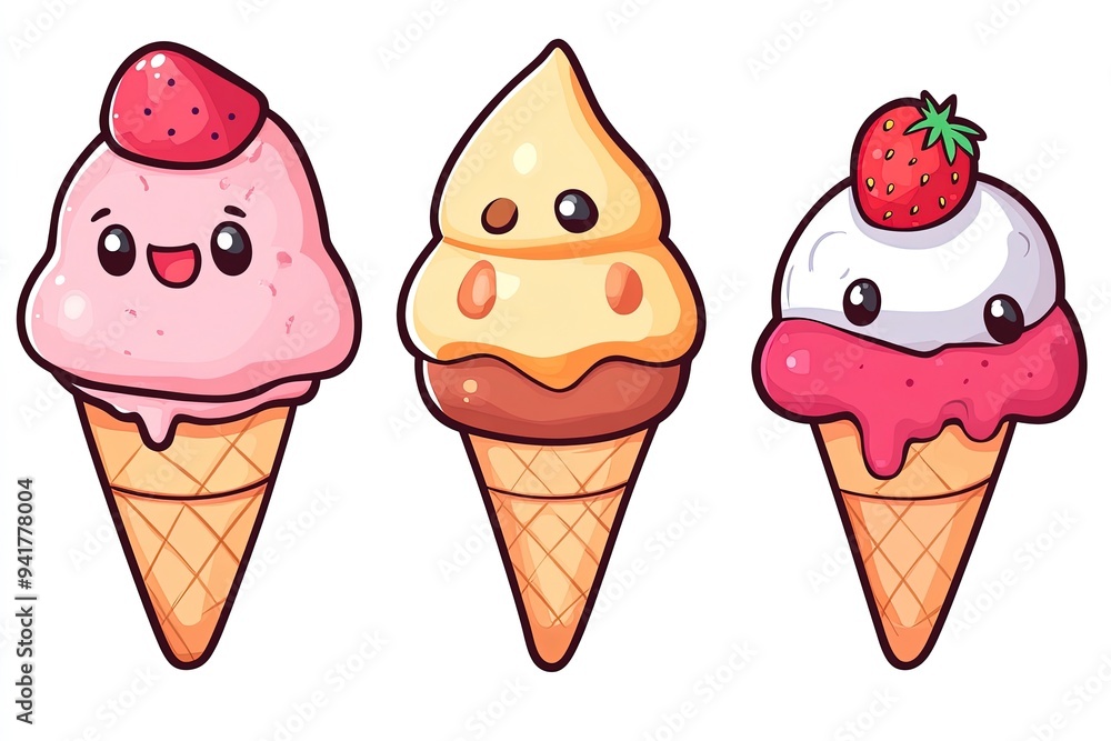 cute kawai cartoon ice cream for elements, clipart or sticker ...