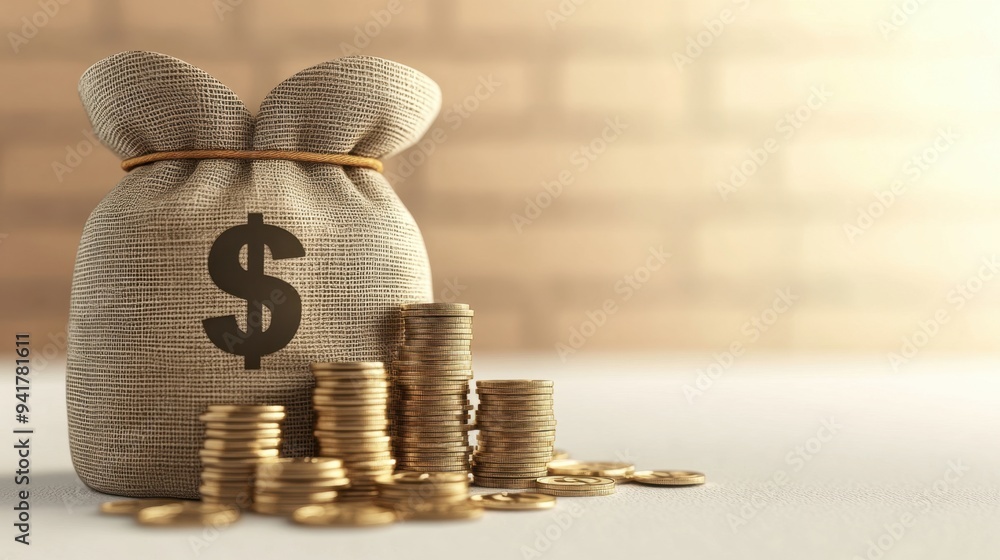 3D rendered concept of financial success featuring a money bag, coins ...