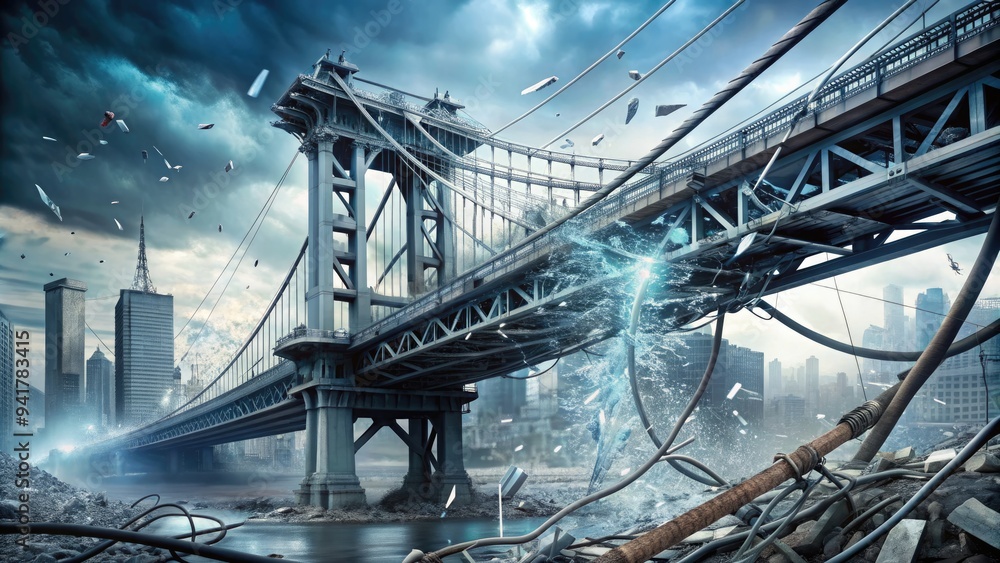 Infrastructure Collapse - Broken bridges, tangled wires, desperate ...