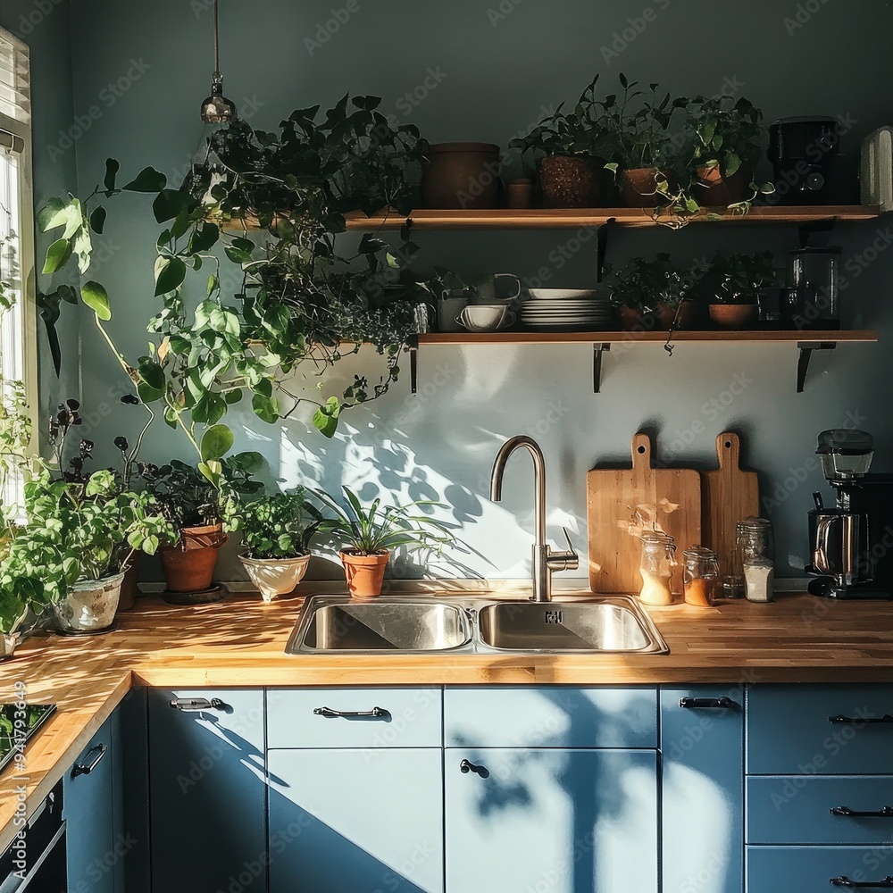 Sunlit Kitchen with Greenery A lowangle perspective captures a modern ...