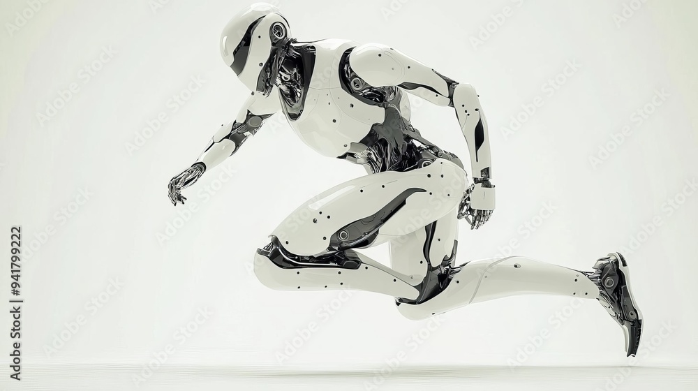 A full-body android robot captured mid-twist, as if reacting to a ...