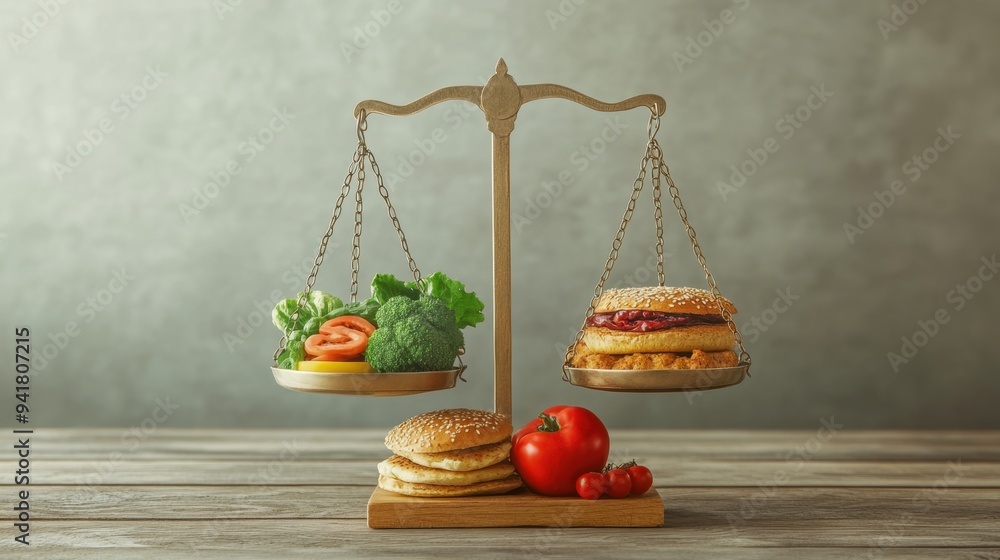 Balanced scales with healthy and unhealthy food choices on each side ...