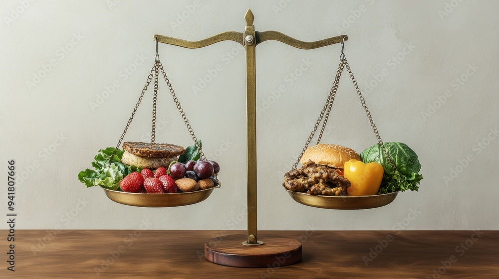 Balanced scales with healthy and unhealthy food choices on each side ...