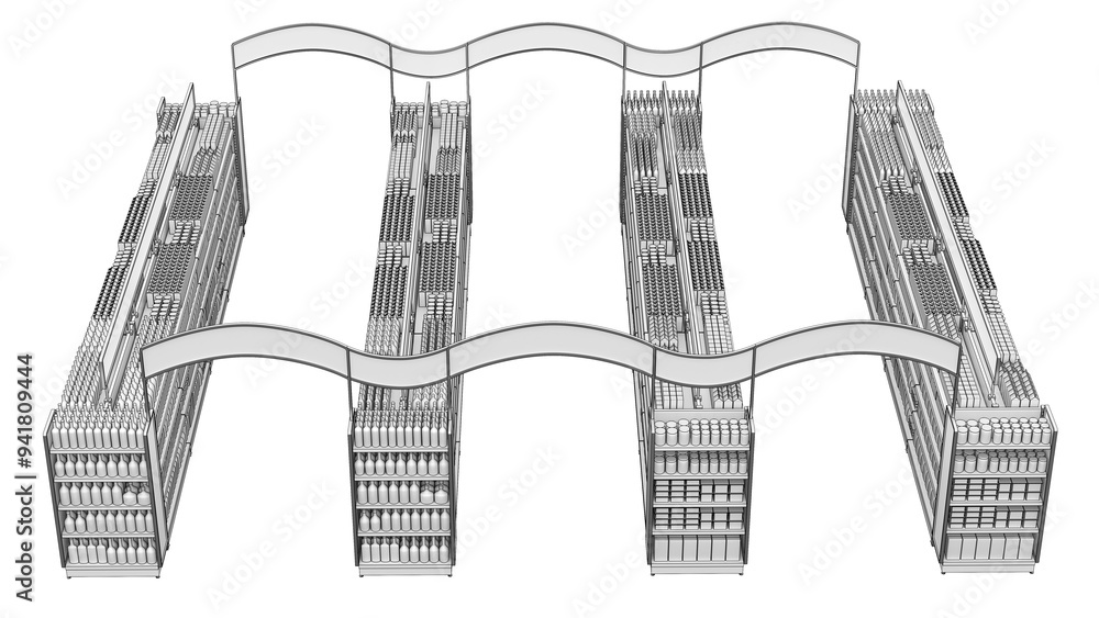 Top view of racks rows mockup with blank goods, toppers and advertising ...