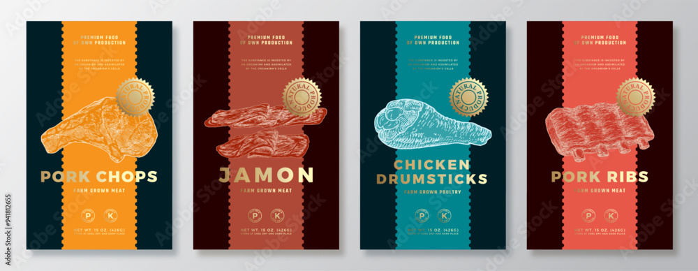 Beef and Salmon Steak, Chicken Thighs, Jamon Vector Packaging Label ...