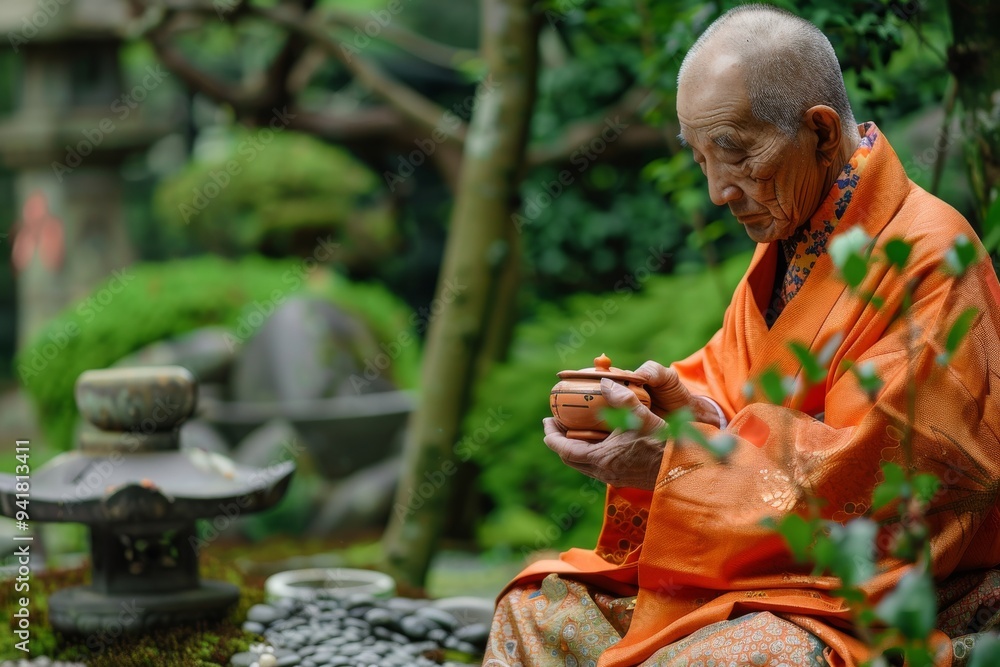 old monk, wearing a luxurious and bright robe, carefully performing a ...