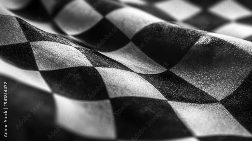 Glossy black-and-white checkered flag waves in the air, signaling the end of a race. The high ...