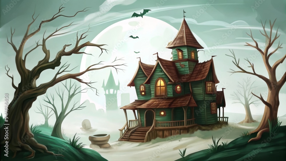 Spooky Haunted House Under Full Moon for Halloween - A spooky haunted ...