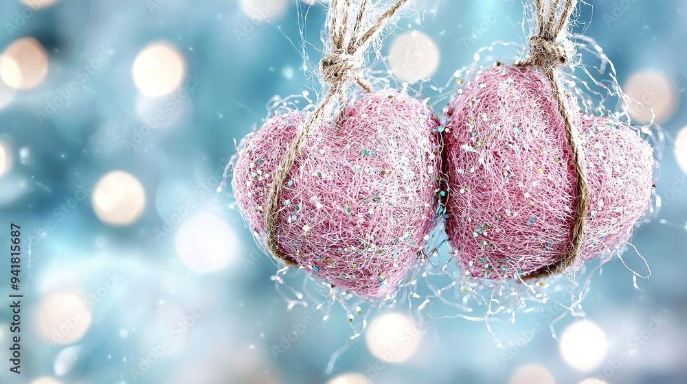 Two pink hearts dangling from a string against a blue and white bouquet ...