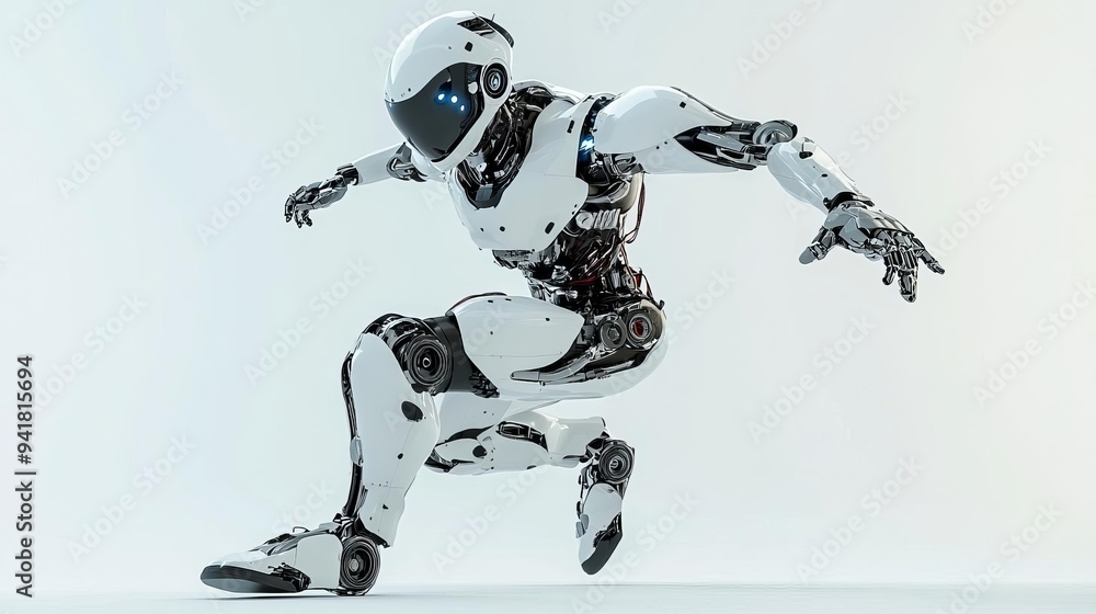 A full-body android robot captured in a playful pose with one leg ...
