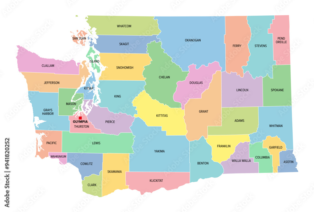 Washington, U.S. state, multi colored political map with borders ...