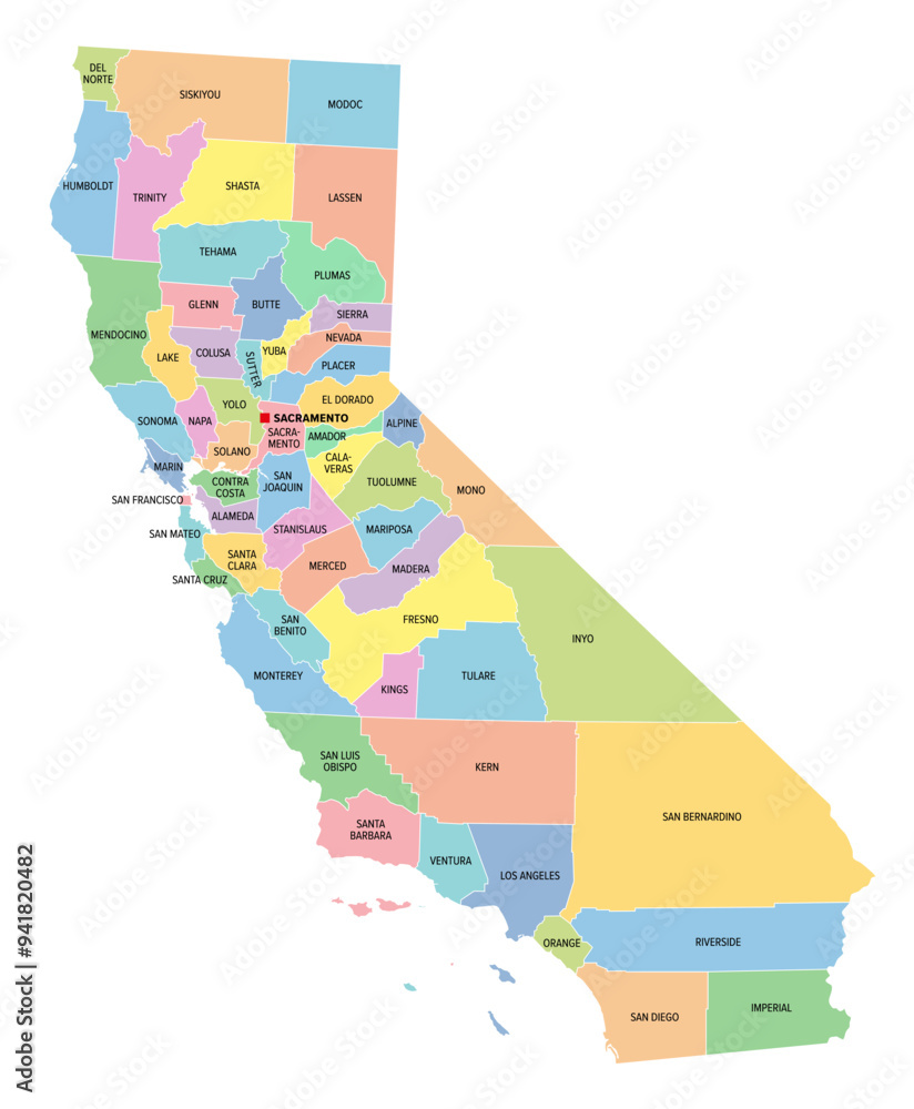 California, U.S. state, multi colored political map with borders ...