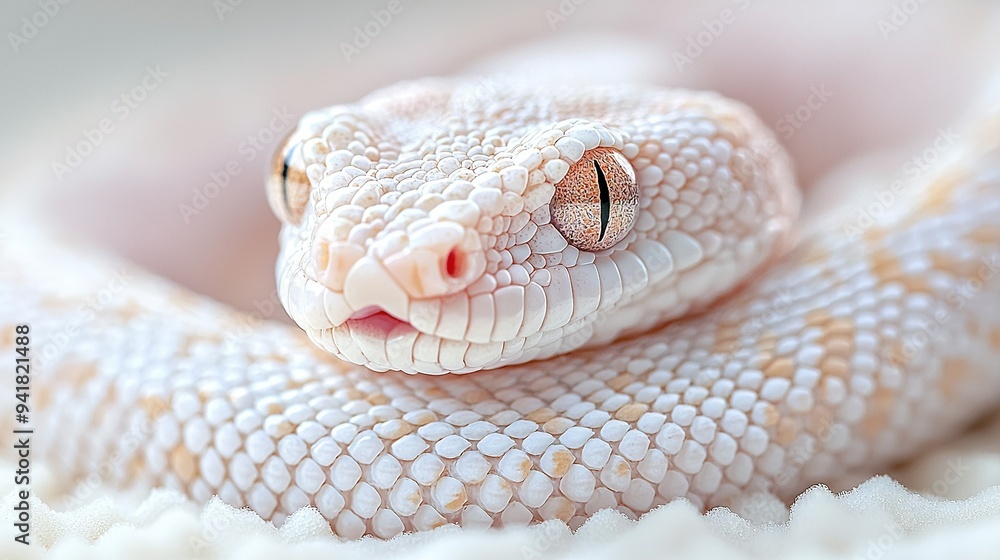 White snake head on white background with tongue out and wide-open eyes ...