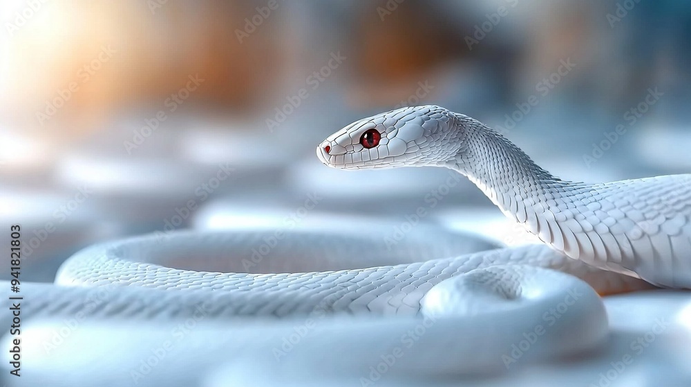 A photo of a close-up white snake with red eyes on its head amidst a ...