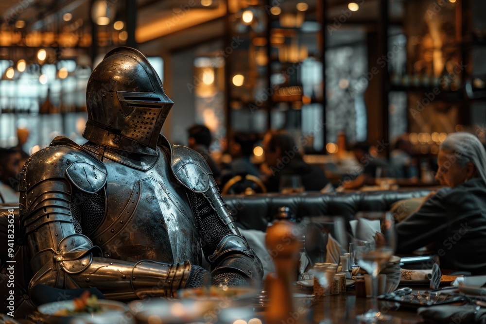 Medieval knight eats at a modern restaurant, mixing past and present ...